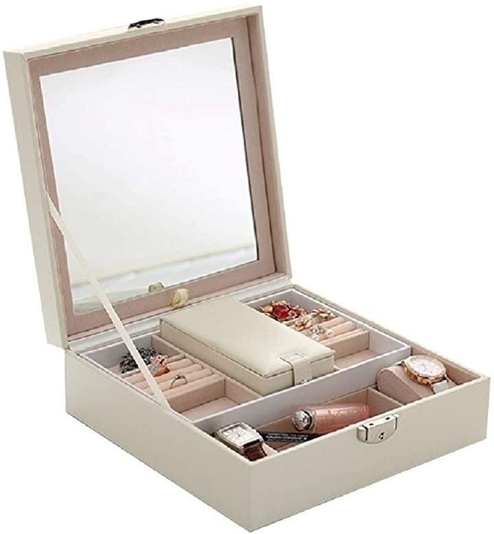 Anberotta ジュエリーボックス アクセサリー 腕時計 ケース サングラス コスメ メイク 小物入れ マルチ 収納 宝石箱 収納箱 ミラー 鏡付き AT14( ホワイト) - メルカリ