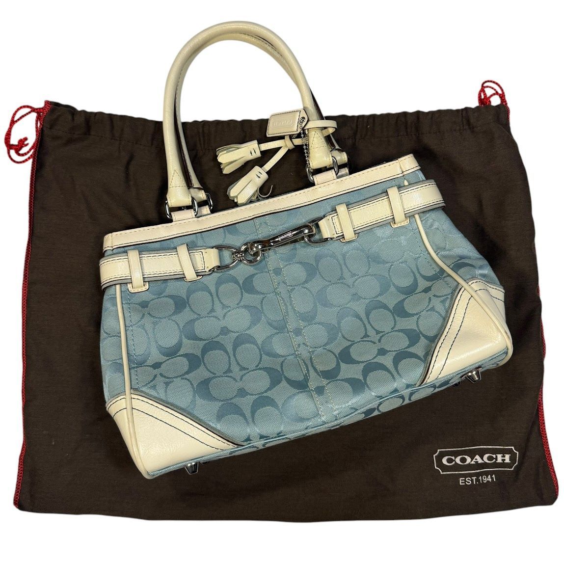 HK14 COACH コーチ ハンドバッグ かばん シグネチャー柄 ブルー ボストン ミニボストン レディース - メルカリ