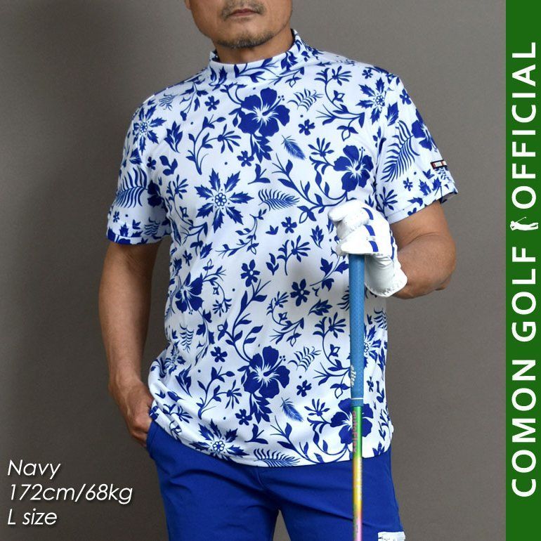 新品【COMONGOLF/コモンゴルフ】ボタニカル柄半袖モックネックゴルフシャツ/ネイビー(CG-HT5007S)ゴルフウェア 春夏 春秋 フェイクレイヤード サイドスリット DRY素材 ...