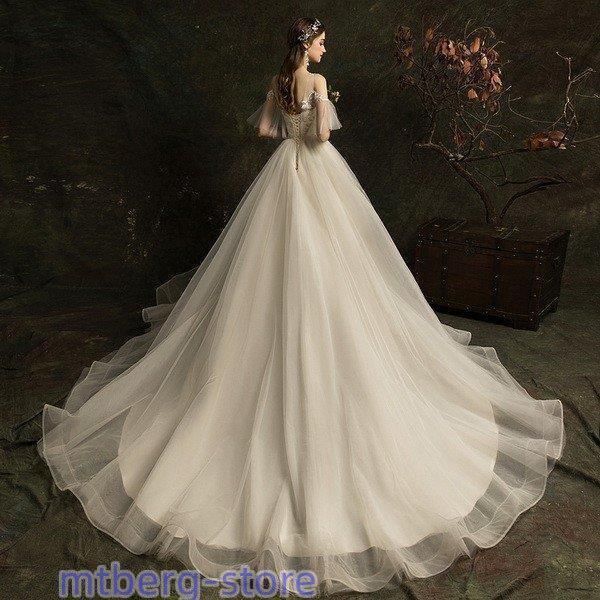 ウェディングドレス白 パーティードレス レース パフスリーブ 花嫁