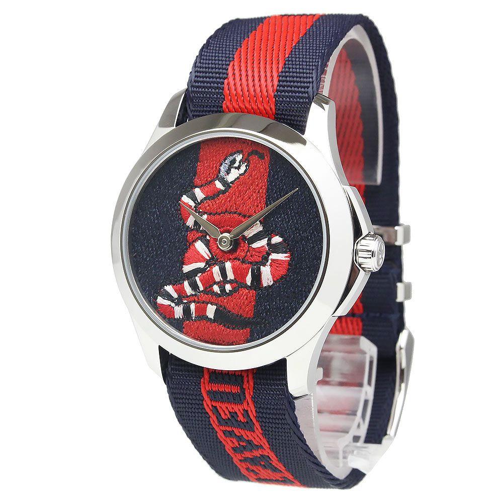 グッチ Gタイムレス ル マルシェ デ メルヴェイユ スネーク 蛇 クオーツ 腕時計 ネイビー レッド 赤 シルバー金具 126.4 ...