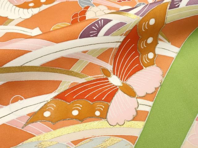 平和屋本店■極上　創業460年・千總　振袖　駒刺繍　舞蝶花丸文　金彩　青丹色　阪急百貨店扱い　紙タグ付き　逸品　CYAA1346s5 平和屋本店□極上 創業460年・千總 振袖 駒刺繍 舞蝶花丸文 金彩 青丹