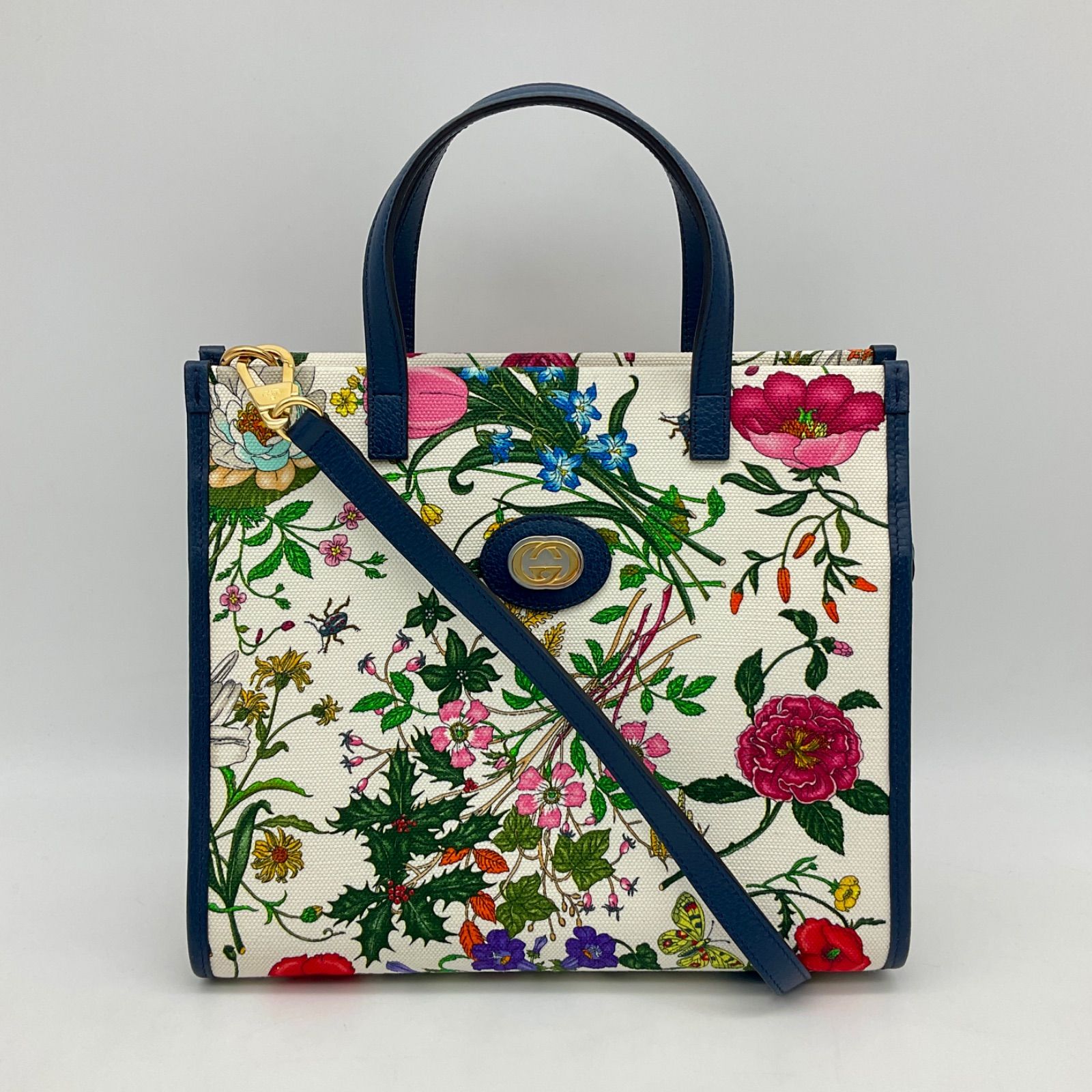 GUCCI グッチ 2WAY ハンドバッグ ショルダーバッグ キャンバス レザー オフホワイト ネイビー マルチカラー 花 ゴールド金具 ...