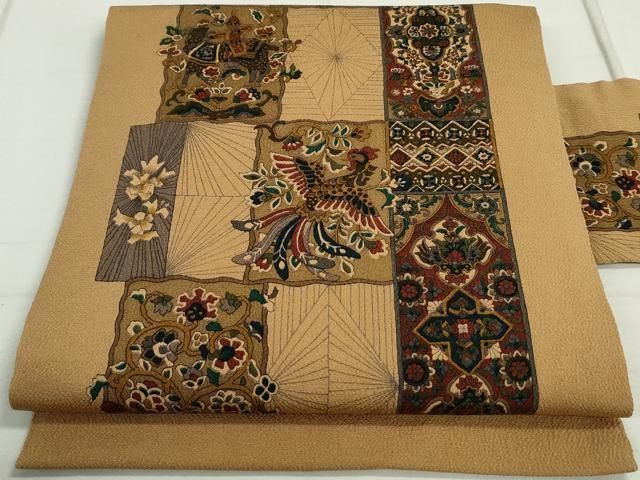 平和屋本店□極上 八寸名古屋帯 紬地 格子柄 やまと誂製