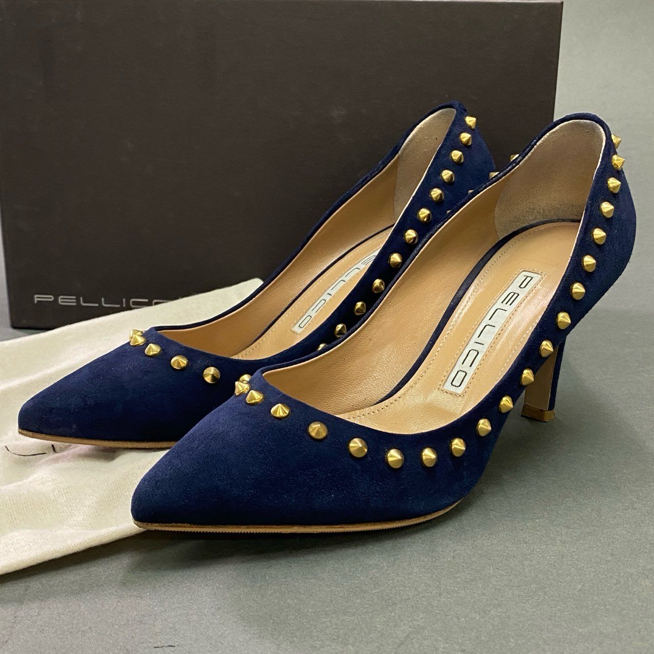 7c25 PELLICO ペリーコ アンドレア スタッズ ヒール パンプス スエード シューズ 35 1/2 ネイビー レザー - メルカリ