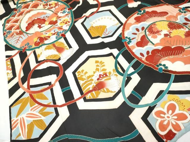 平和屋本店□極上 アンティーク 大正ロマン 振袖 駒刺繍 亀甲鏡裏文