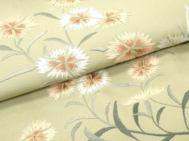 平和屋着物○塩瀬 九寸名古屋帯 総刺繍 草花文 抹茶色 金糸 正絹 逸品