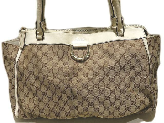 GUCCI グッチ トートバッグ 190248 ベージュ系 GGキャンバス × ホワイト系 レザー 肩掛けショルダーバッグ レディース 6L ...