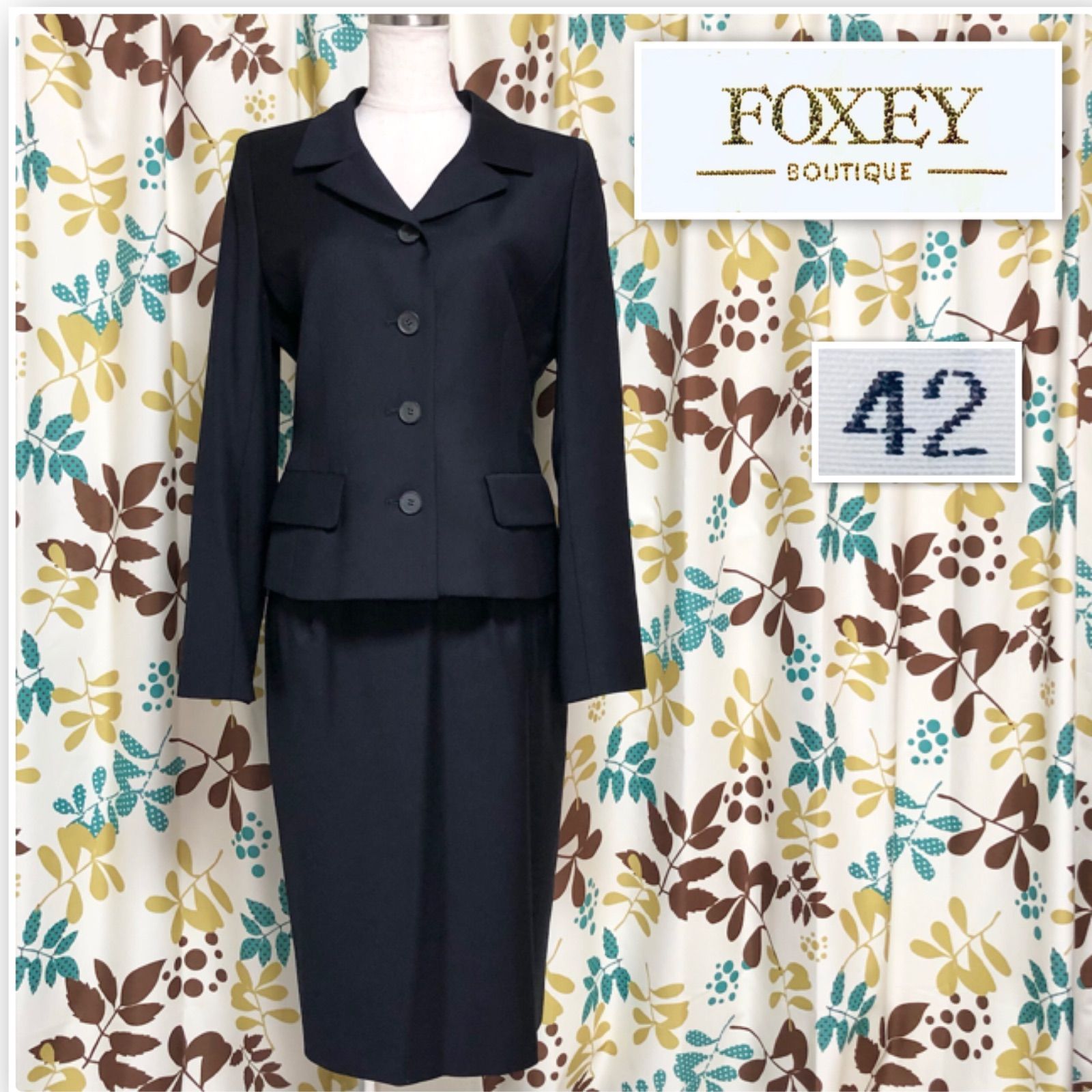 美品 希少カシミヤ混 FOXY BOUTIQUE フォクシーブティック カシミヤ混ウール セットアップスカートスーツ サクセススーツ size42(L) ダークネイビー シングル4つボタン 肩 ...