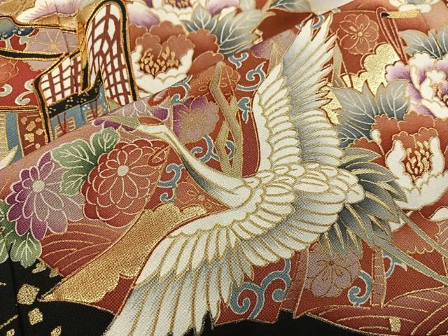 平和屋着物□豪華黒留袖 駒刺繍 御所車飛鶴花文 金彩 正絹