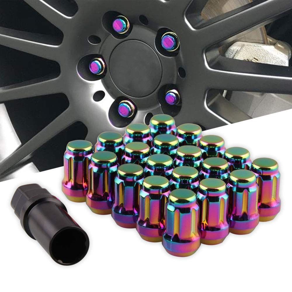 Jeyaic スチール製ホイールナット M12 x P1.5 20個セット 19HEX/21HEX兼用ソケット付き 三菱/ホンダ/マツダ/ダイハツなどに適用 高さ33mm 外6角 花形ロック ...