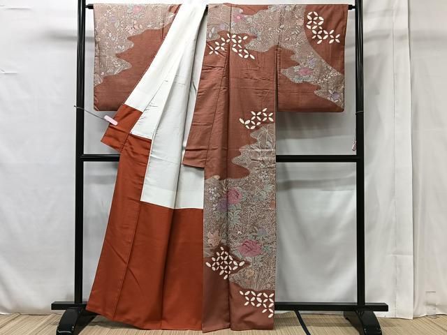 平和屋着物▽訪問着 単衣 草花文 正絹 逸品 AABC3184jh