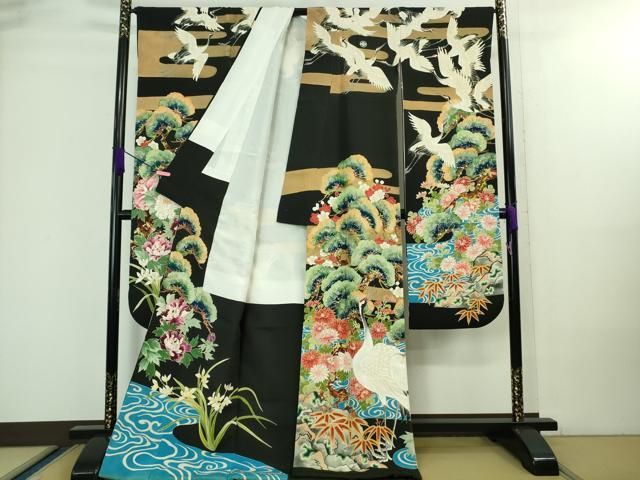 平和屋本店□極上 アンティーク 大正ロマン 振袖 飛鶴吉祥花文 黒地