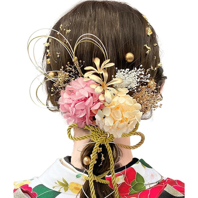 [JZOON] 成人式 髪飾り【9色展開】 七五三 造花 ドライフラワー 水引き 小花モチーフ 和装 金箔 ゴールド ヘッドドレス ヘアアクセサリー 入学式 振袖 卒業式 着物 袴 浴衣 ...