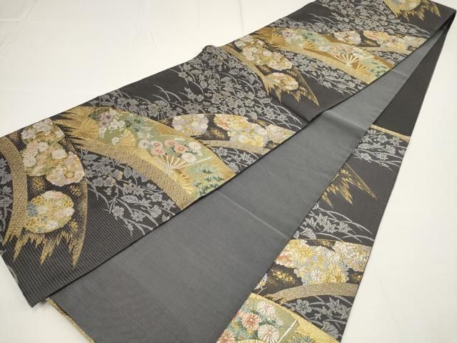 平和屋着物▽六通柄袋帯 唐織 扇面草花文 金銀糸 正絹 逸品