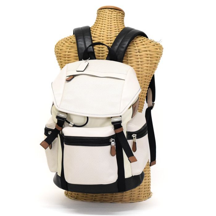 【ABランク】 コーチ COACH パーフォレイテッド バックパック レザー / ナイロン パンチングレザー F72018 リュック デイパック メンズ レディース アイボリー / ブラック 正規品 中古 mbo09007 コーチ COACH パーフォレイテッド バックパック レザー / ナイロン