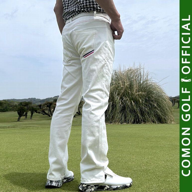 新品【COMONGOLF/コモンゴルフ】トリコロールライン刺繍＆テープ脚長スリット入りストレッチゴルフパンツ/ホワイト(CG-190627)ゴルフウェア メンズ パンツ 春 秋 ロングパンツ ...