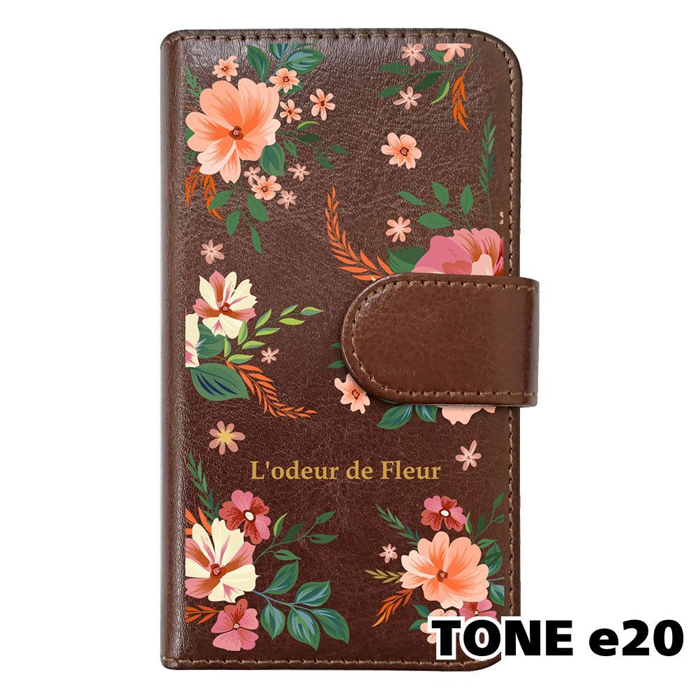 【新品未使用】 TONE e20 トーンe20 手帳型スマホ ケース 花柄 (手帳ブラウン×ワイルドフラワーレッド柄) ボタニカル フラワー おしゃれ カード収納 PUレザー flip2 ...