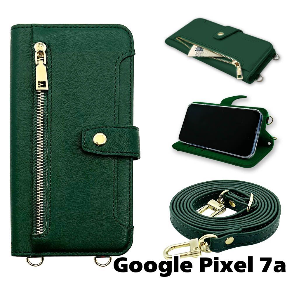 【新品未使用】 Google Pixel 7a ストラップ付 手帳型スマホ ケース ショルダー myones (カバー色グリーン) くすみ ...