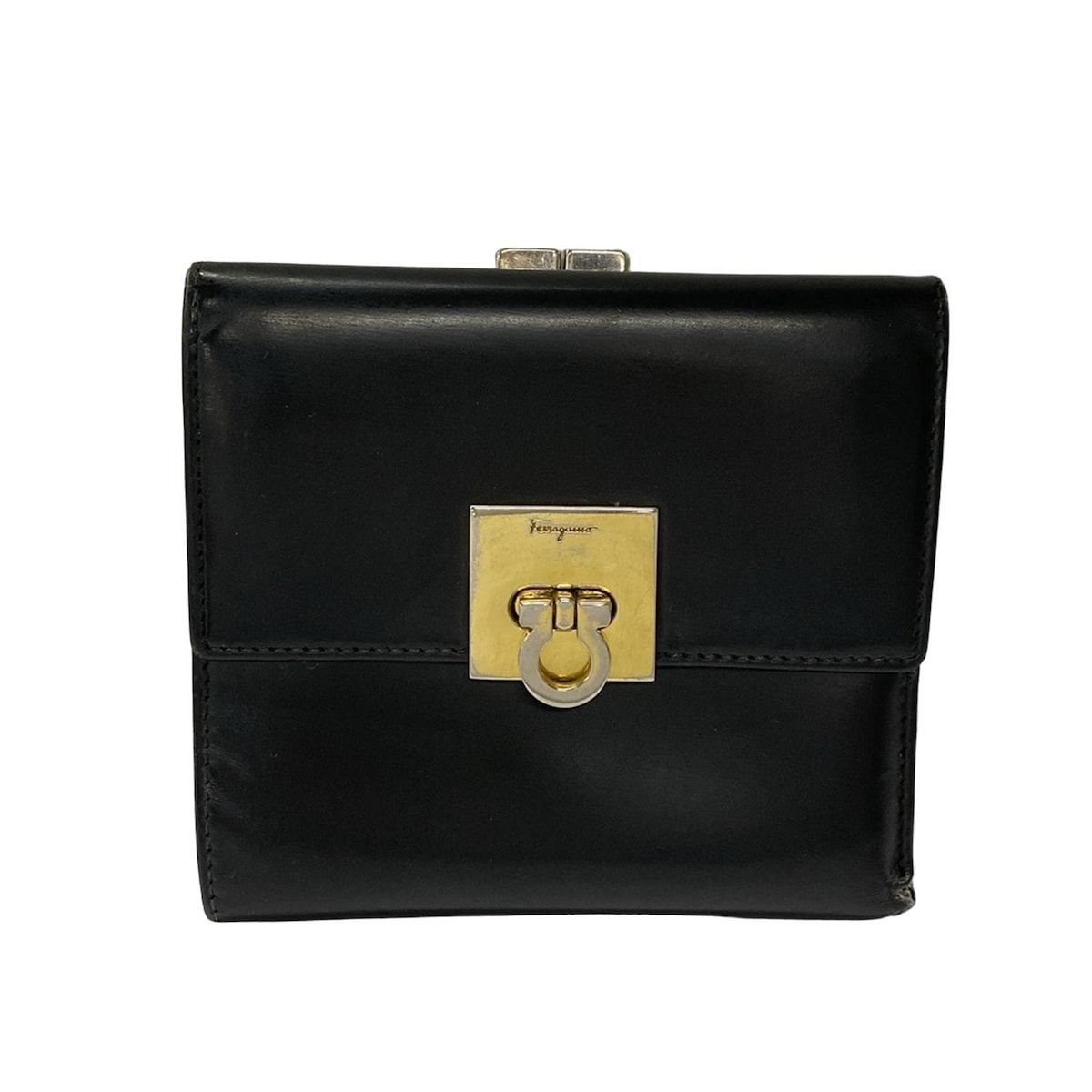 【中古】Salvatore Ferragamo ヴァラ VARA 長財布 二つ折り レザー リザード型押し ロゴ ゴールド金具 黒 中古】 サルヴァトーレフェラガモ 長財布 ヴァラ 型押しレザー