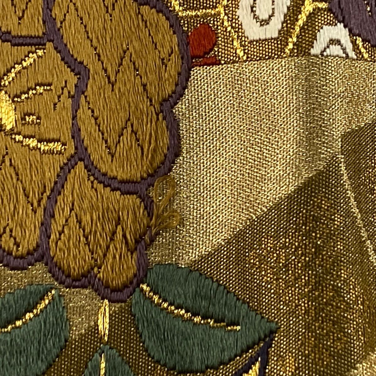 袋帯 秀品 振り袖向き 竹梅 椿 金糸 唐織 金色 六通 正絹 【中古 袋帯 秀品 振り袖向き 竹梅 椿 金糸 唐織 金色 六通 正絹 【中古