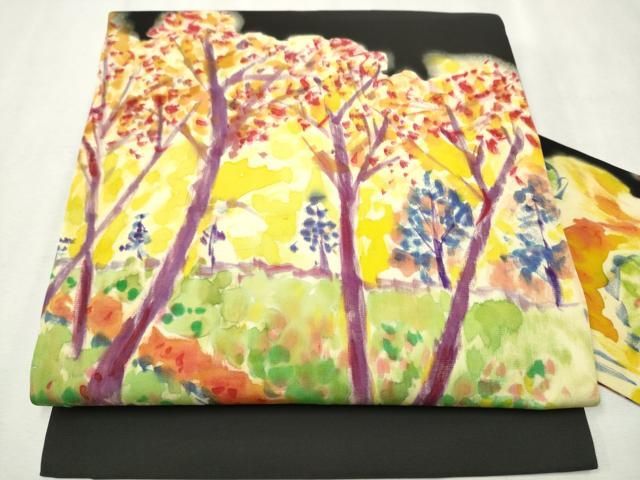 平和屋着物○塩瀬 九寸名古屋帯 手描き 樹林文 黒地 正絹 逸品