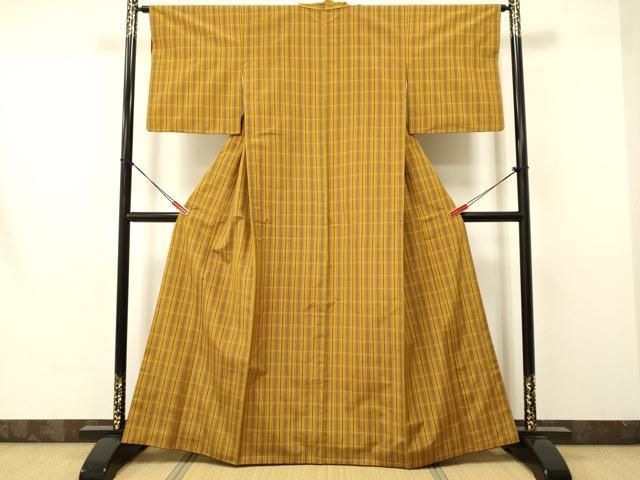 平和屋着物○黄八丈 紬 市松綾織 絣格子 正絹 逸品 DAAQ3475ps