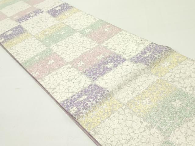 平和屋着物●両面　六通柄袋帯　唐織　舞桜市松文　銀糸　正絹　逸品　DAAW6665ob 平和屋着物○両面 六通柄袋帯 唐織 舞桜市松文 銀糸 正絹 逸品