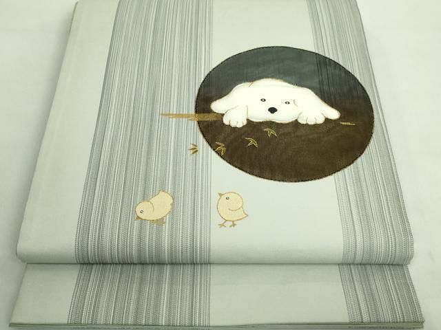 平和屋着物□極上 太鼓柄袋帯 犬 ヒヨコ 縮緬細工 貼り絵 押し絵 金彩