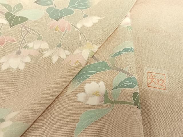 平和屋着物▽上質な小紋 単衣 紬地 手描き 草花文 正絹 逸品