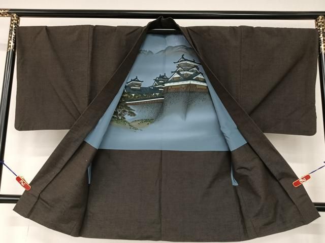 平和屋着物○男性 紬 アンサンブル 色無地 黒鳶色 正絹 逸品