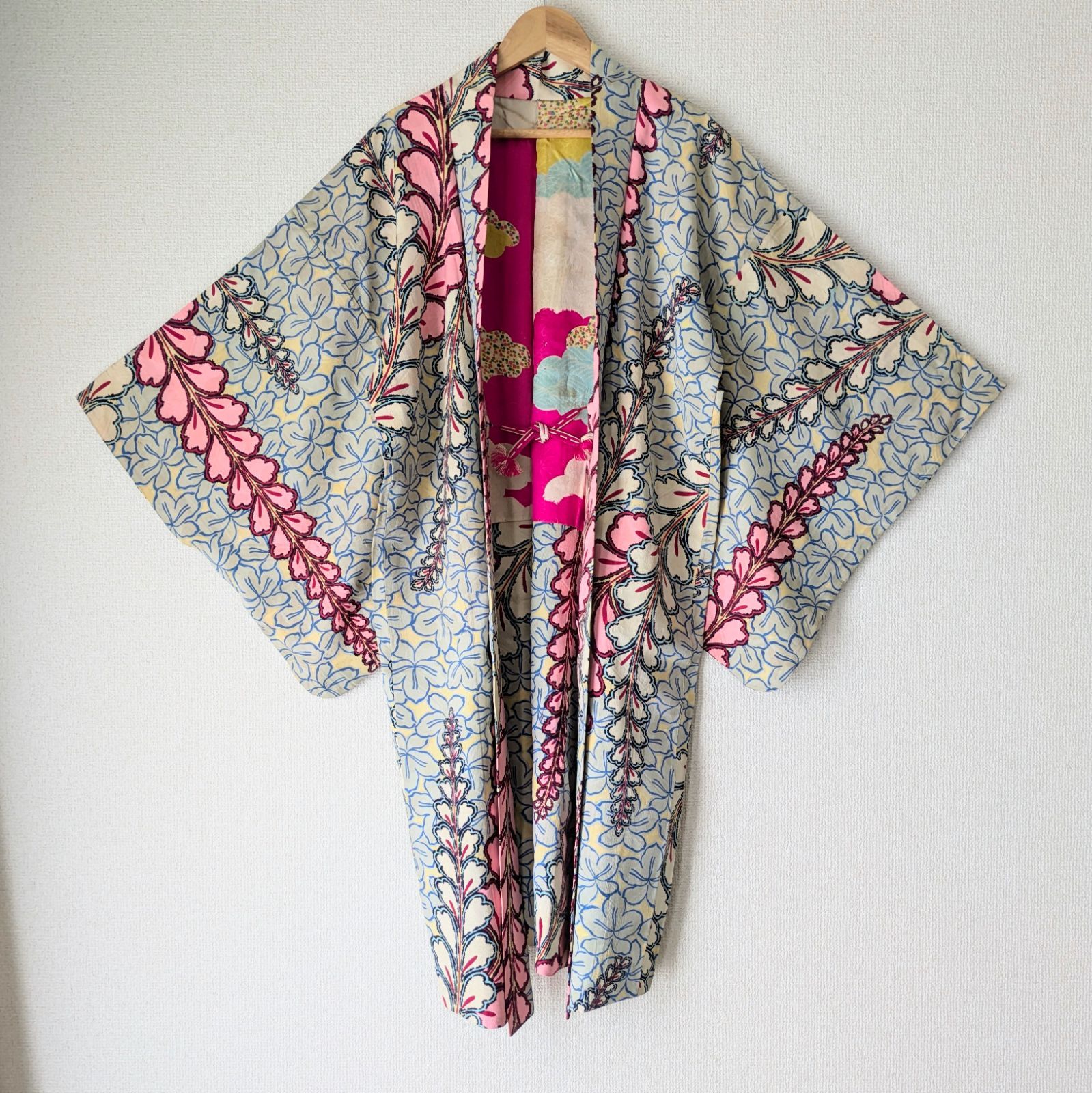 Japanese Vintage Haori Long Chirimen Wistaria Pattern Silk Kimono Gown ...