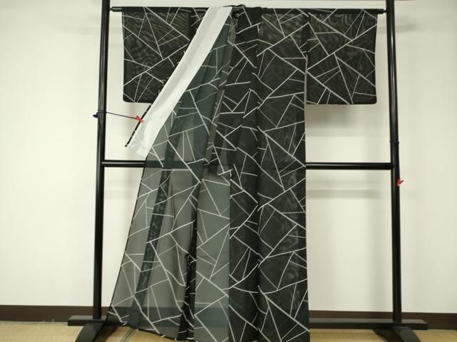 平和屋着物＊夏物 小紋 絽 幾何学文様 黒地 洗える着物 AAAZ2042st