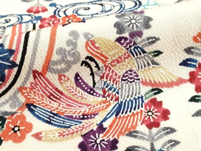 平和屋着物□上質な小紋 型染め 流水花鳥文 鬼しぼ縮緬 正絹