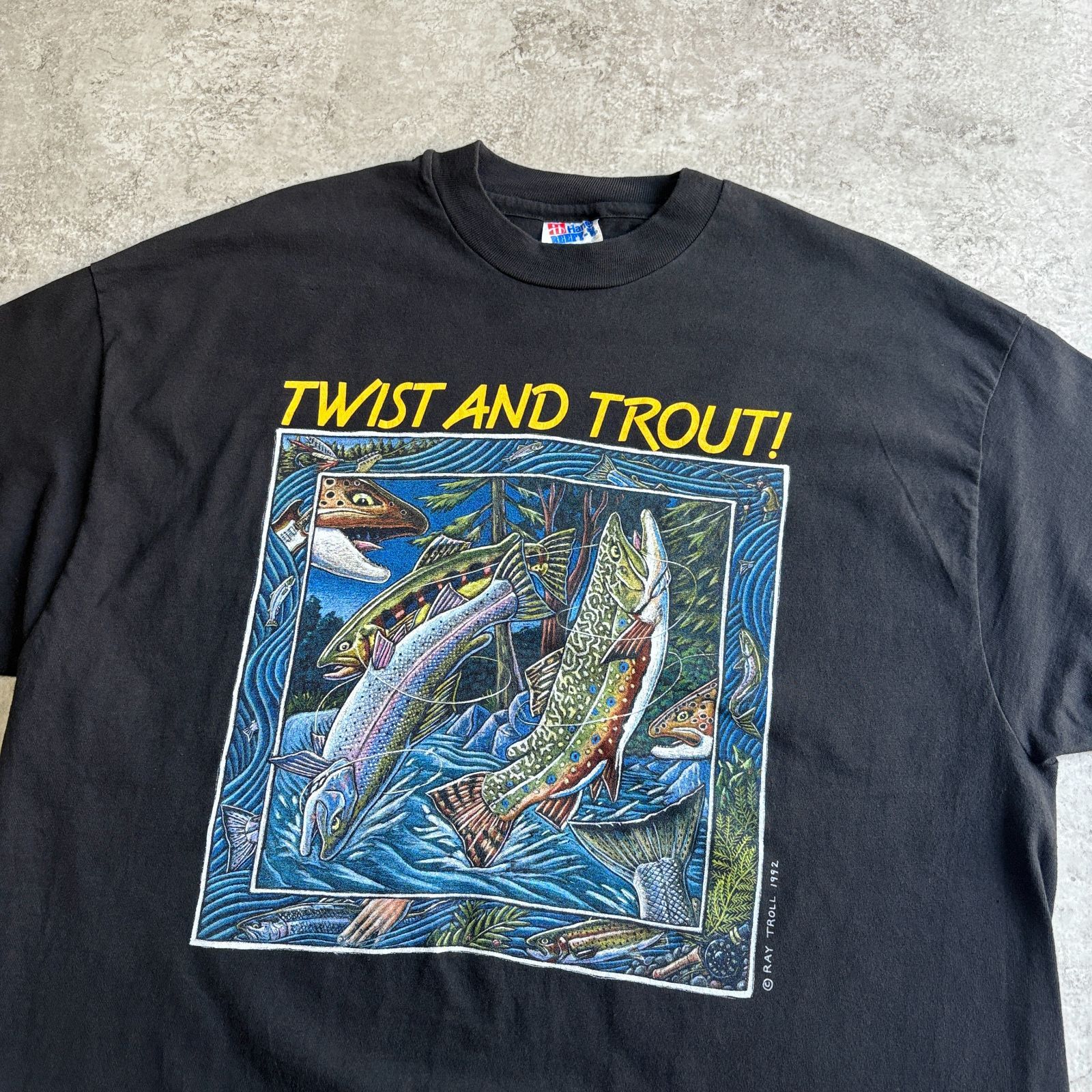 90s 1992年 USA製 RAY TROLL Fish Art Printed T-shirt ③ TWIST AND TROUT ...