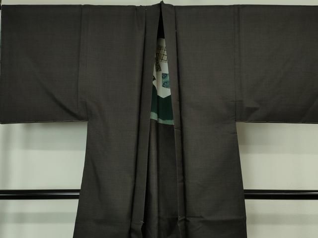 平和屋本店□極上 男性 お召 アンサンブル 長羽織 亀甲柄 黒紅色地