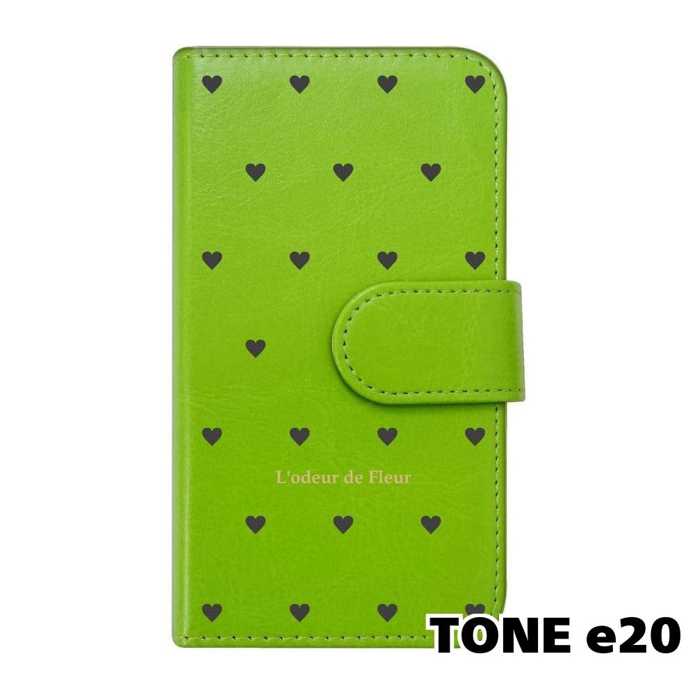 【新品未使用】 TONE e20 トーンe20 手帳型スマホ ケース ハート柄 (カバー色グリーン×チャコール柄) ドット シンプル おしゃれ カード収納 PUレザー flip2 ...
