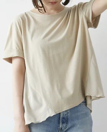 【タイムセール！】【半袖、裾フレア！】【オフィスカジュアル！！】【レディス 後身頃布帛ギャザー&裾フレア 半袖Tシャツ】＜グレージュ：フリー ...