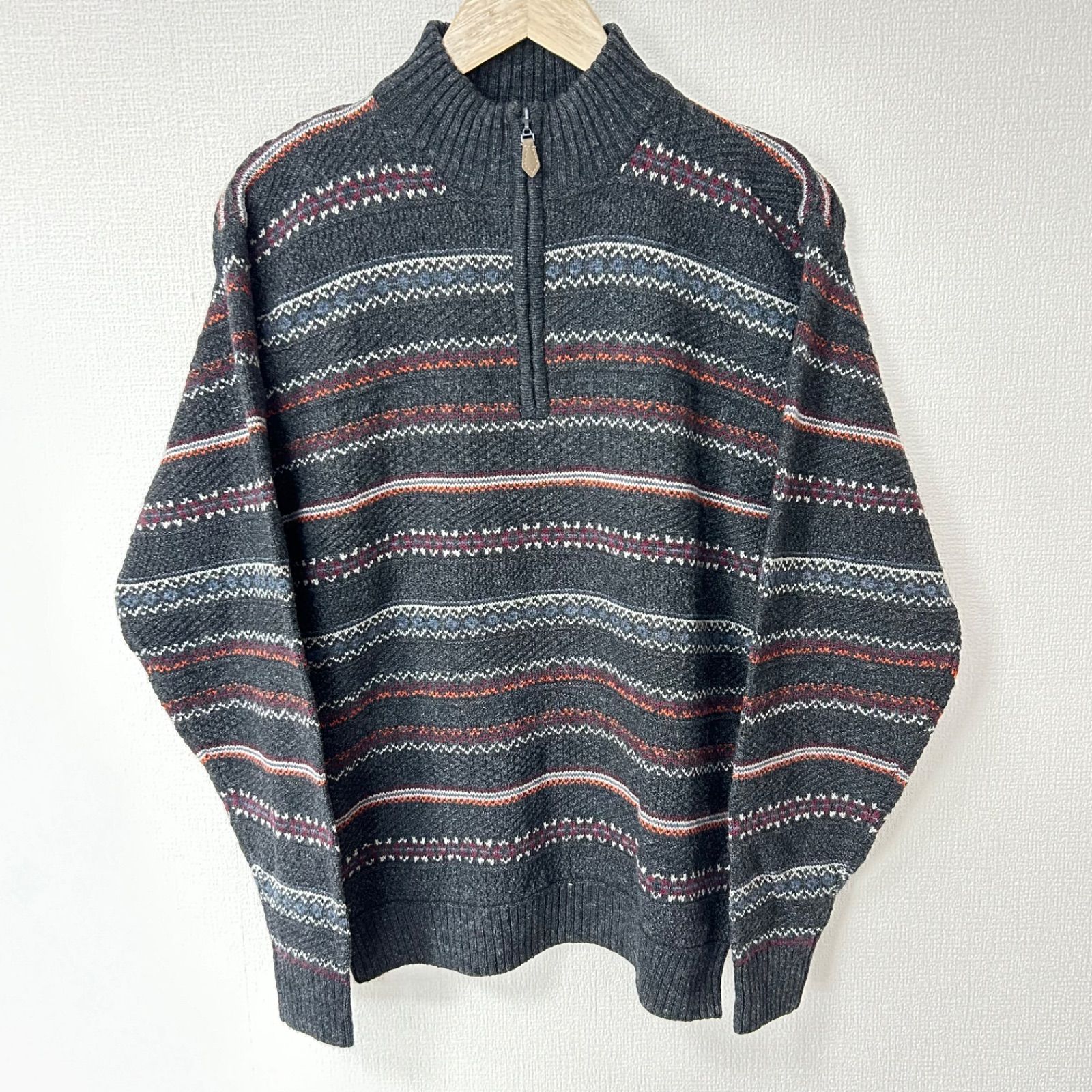 (^w^)b Ken COLLECTION ケンコレクション ハーフジップ ハイネック ニットセーター トップス ウール ナイロン ボーダー柄 ...