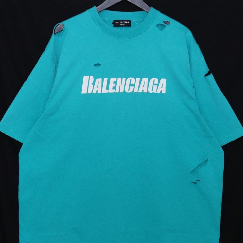 BALENCIAGA デストロイ加工ロゴプリントTシャツ XXSサイズ グリーン