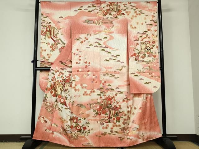 平和屋着物□豪華黒留袖 駒刺繍 御所車飛鶴花文 金彩 正絹