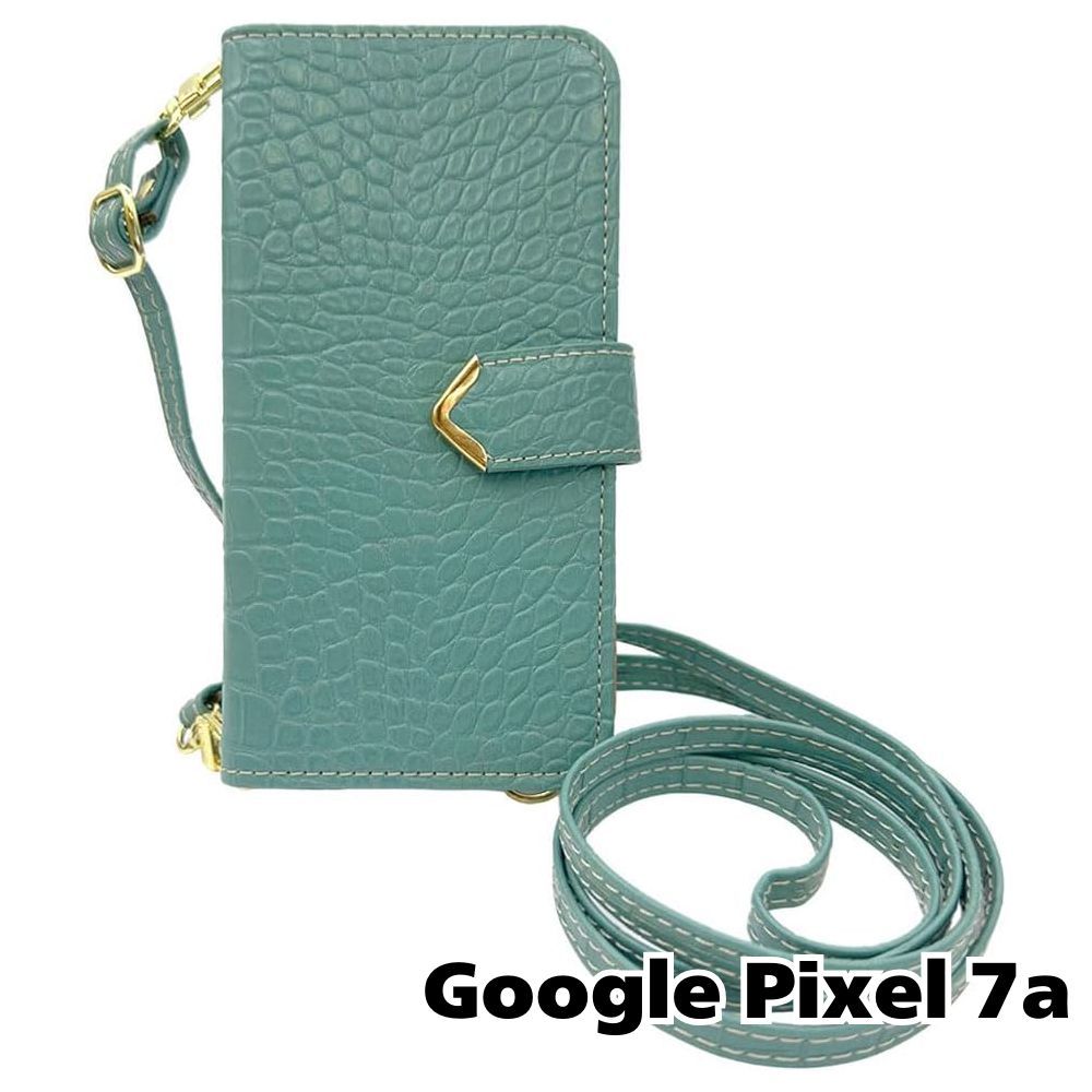 【新品未使用】Google Pixel 7a スマホショルダー 手帳型 ケース (グリーン) myones 斜めがけ ストラップ 付き クロコ ...