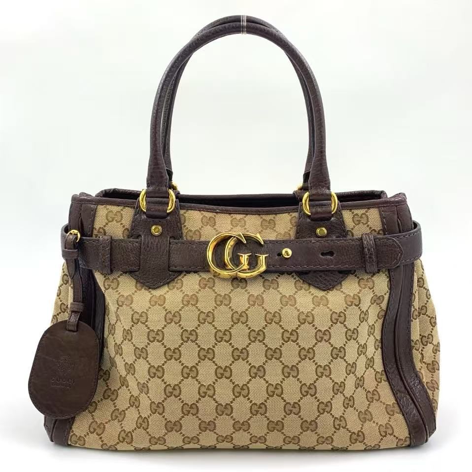 GUCCI GGランニング トートバッグ レザー×キャンバス ブラウン×ベージュ ハンドバッグ ゴールド 247183 - メルカリ