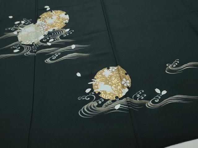 平和屋着物○訪問着 刺繍 流水雪輪跳兎花文 黒地 金彩 正絹