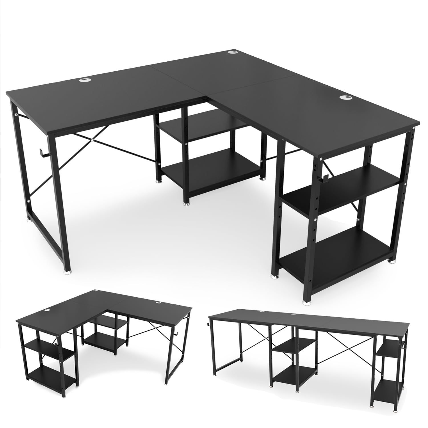 『大人気』 DEWEL ゲーミングデスク 幅140cm/220cm 奥行60cm 左右入替え可能 パソコンデスク pcデスク l字デスク l字/一字変換可能 可動棚付 横揺れ&グラつき防止 ...