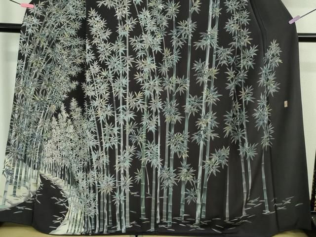 平和屋本店□極上 十日町友禅作家 林静穂 訪問着 竹林 青褐色地 逸品