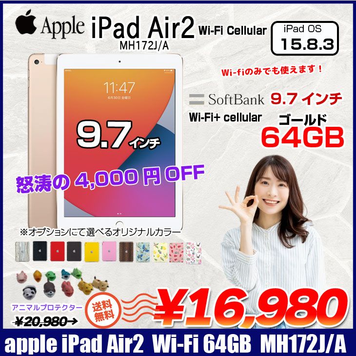 Apple iPad Air2 MH172J/A A1567 Retina SoftBank Wi-Fi+Cel 64GB [ A8X 64GB 9.7 iPadOS 15.8.3 ゴールド ...