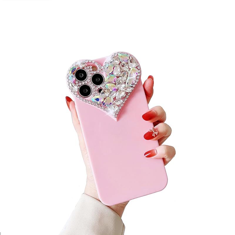 CrazyLemon 適用 iPhone 13 Pro Max ケース おしゃれ かわいい ハート デザイン キラキラ ラインストーン 付き カメラ レンズ 保護 女性 人気 ソフト ...