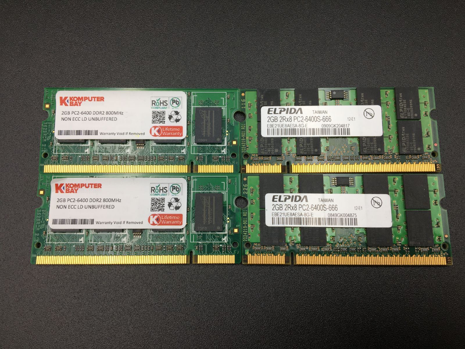【ジャンク】ELPID KOMPUTERBAY DDR2 ノート用メモリ2GB 4枚セット PC2-6400 DDR2 800MHz ...