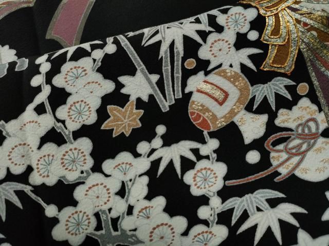平和屋着物□豪華黒留袖 駒刺繍 飛鶴花文 宝尽くし 金彩 正絹